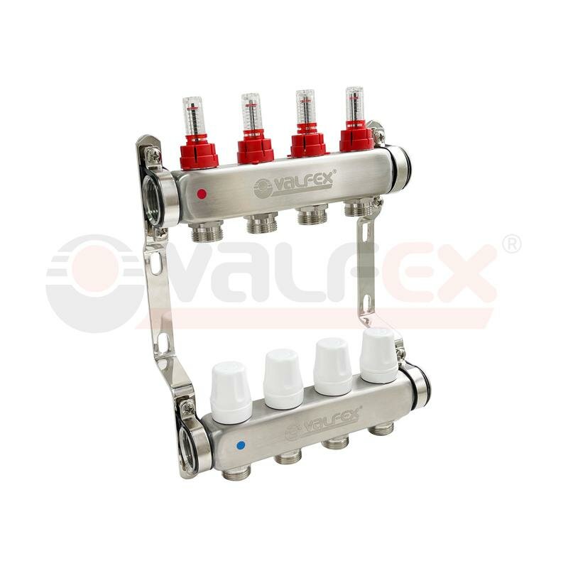 Блок коллекторов 1дюйм х 4 вых. евроконус 3/4дюйм с расходомером нерж. сталь (2) К, VALFEX VF.584.0604 (1 шт.)