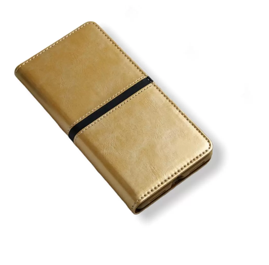 Чехол-книжка MyPads из водоотталкивающей эко-кожи на жёсткой металлической основе для Vivo Y83 золотой с черной полосой