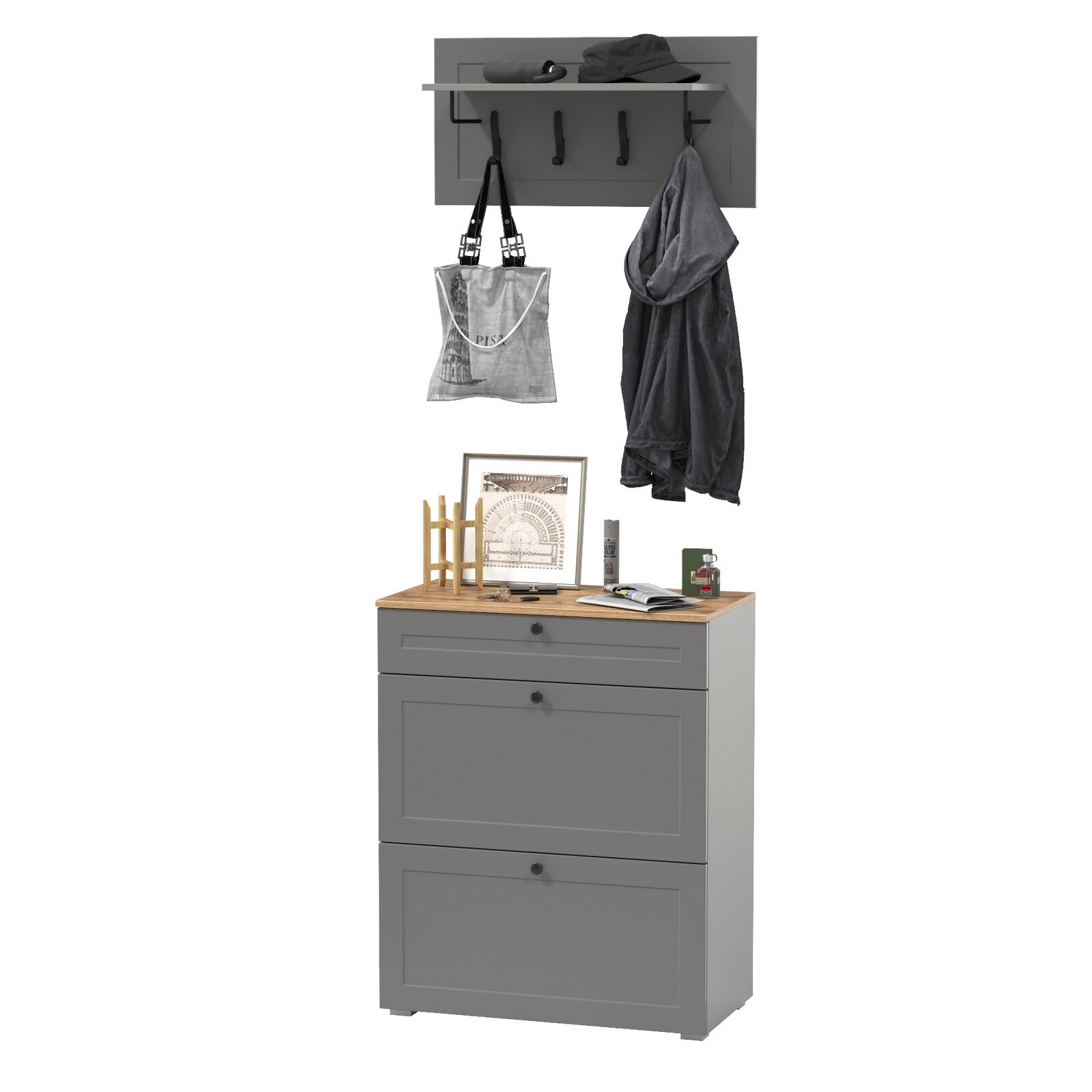 Прихожая мебель в коридор Mobi Остин (тумба для обуви 16.121 с вешалкой 15.12 ) цвет серый графит/дуб крафт золотой