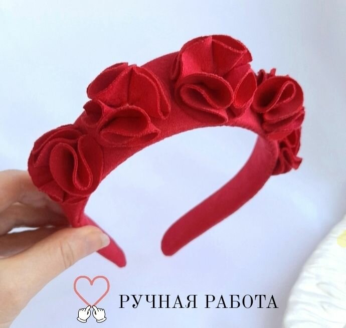 Ободок-кокошник "Красные цветы", ручная работа, красный, замша, пластик, металл