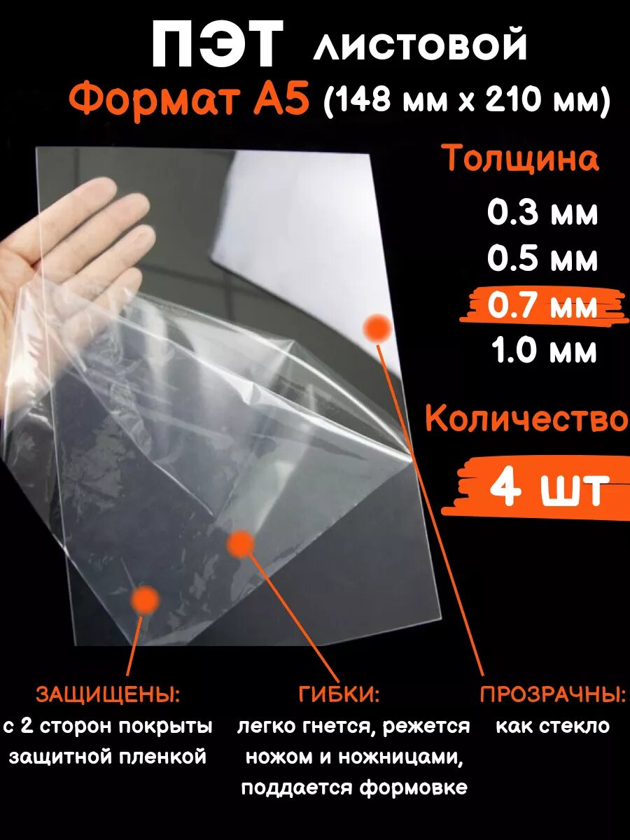 Прозрачный листовой пластик для творчества Пэт А5 0.7 мм