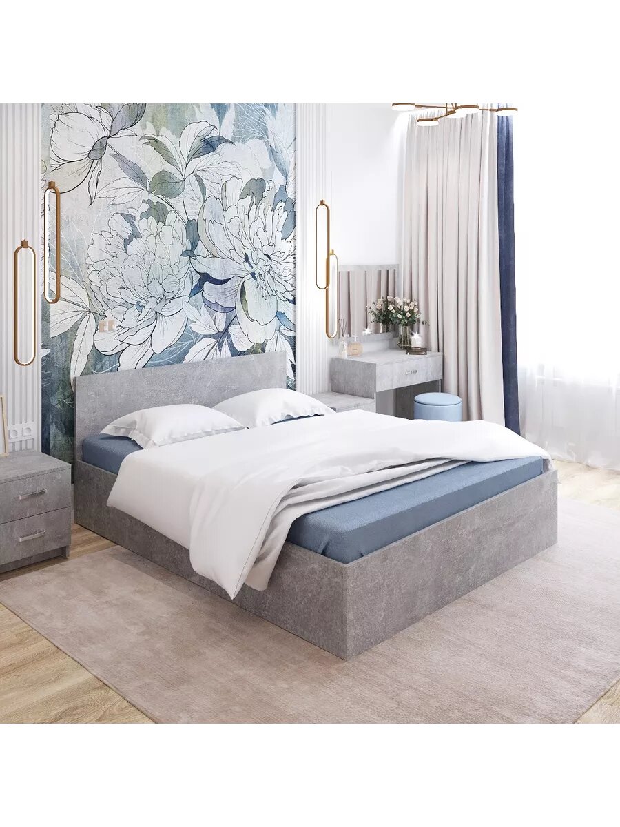 Кровать двуспальная KMK, каркас ЛДСП, цвет бетон серый, 160x200 см