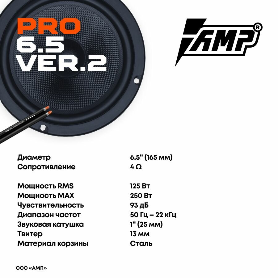 Полный комплект акустики с проводами PRO 6.5,652 V2 + Усилитель MASS 4.120