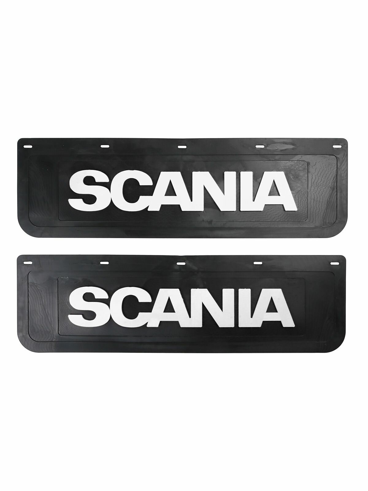 Брызговики чёрные на передний бампер 600x180 мм (2 штуки). Резина (LUX). Белая надпись "SCANIA". Сделано в России (25959)