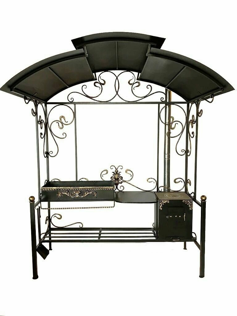 Мангал "Модерн Люкс", с крышей, кованый каркас, толщина стенок топки 3 мм