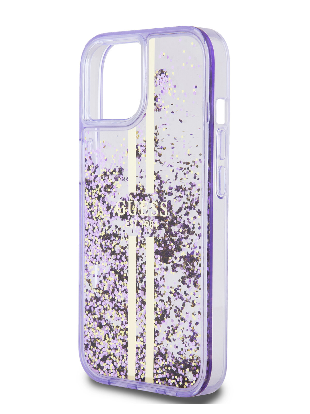 Guess для iPhone 15 чехол Liquid Glitter Gold Stripes Hard Purple