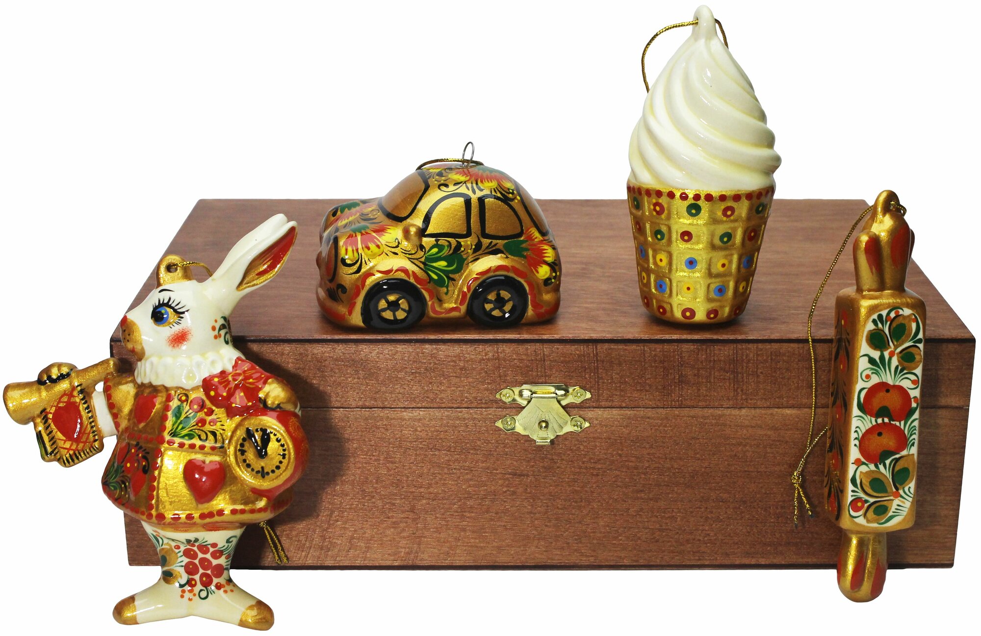 "Детские забавы-2" 4 штуки в деревянной коробке Набор фарфоровых елочных игрушек украшений хохлома цветная коллекция