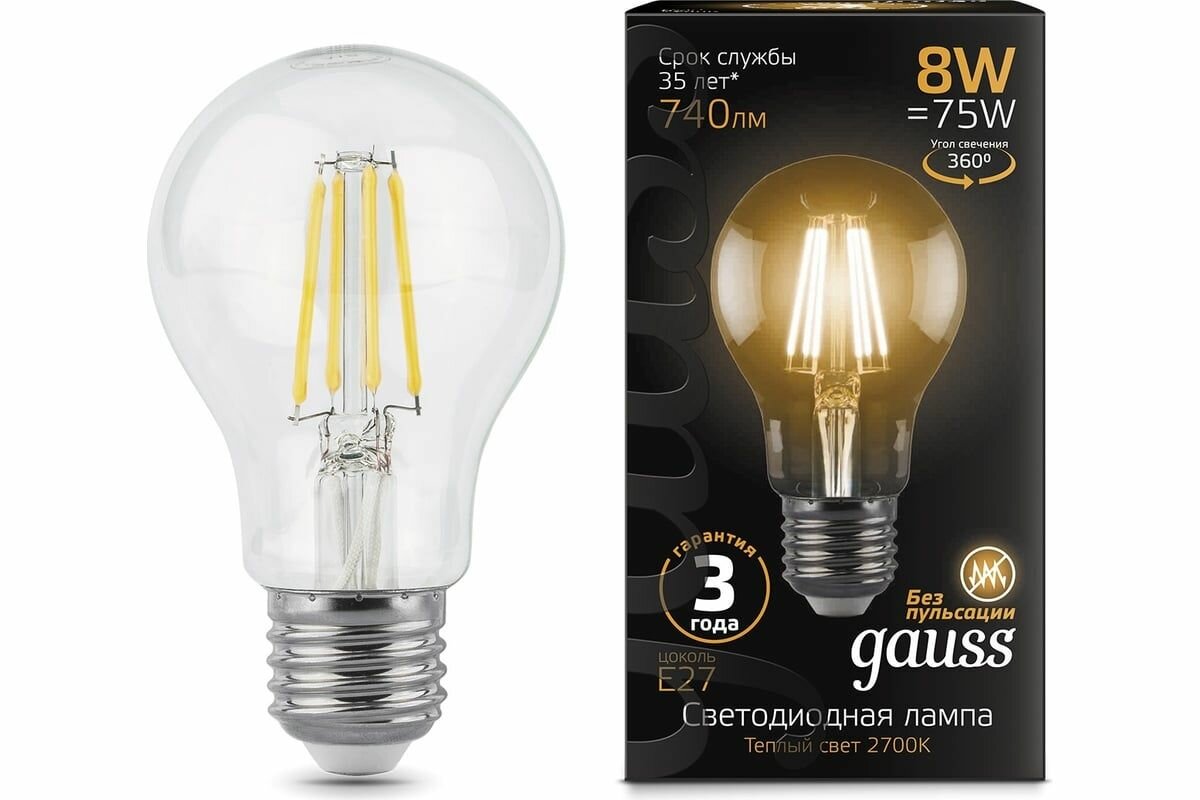 Светодиодная лампа Gauss LED Filament A60 E27 8W 2700К 1/10/40 SQ 102802108