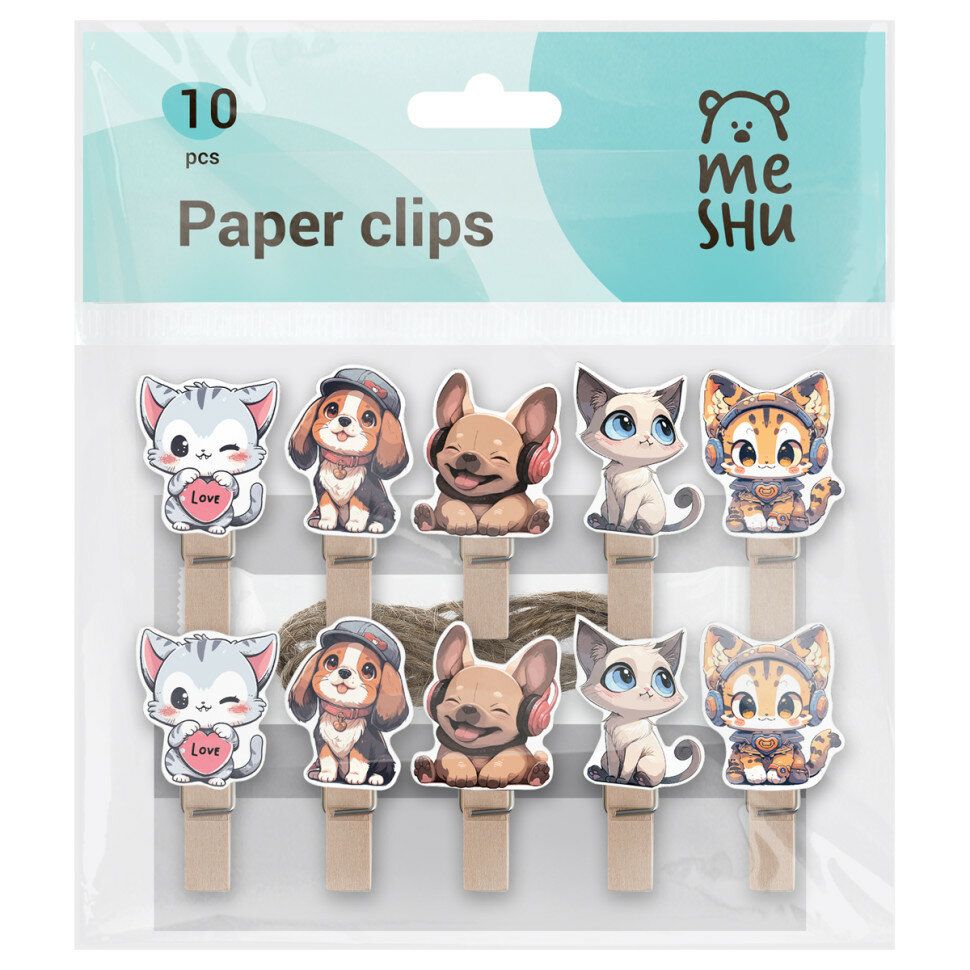 Зажимы для бумаг 7мм, MESHU "Cute pets", 10шт, деревянные, ассорти, опп пакет с европодвесом, веревка в комплекте, 362345