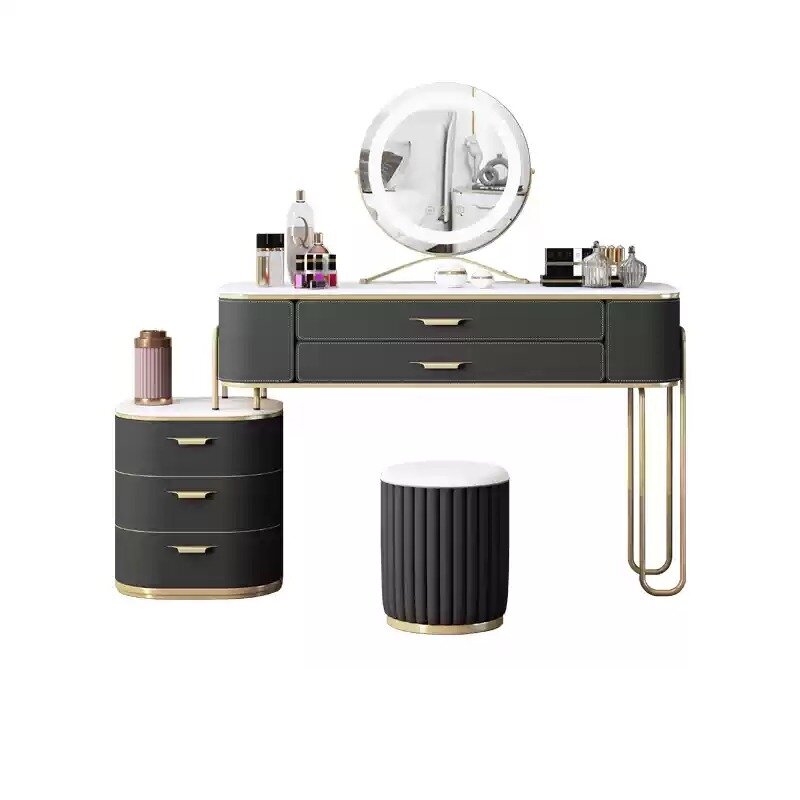 Туалетный столик Russel из массива древесины с керамической столешницей (Стол + тумба + зеркало с подсветкой + пуф / 120см)