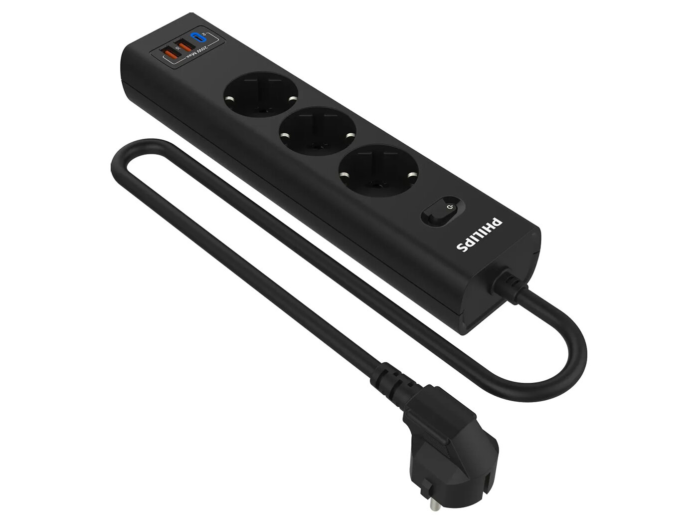 Сетевой фильтр Philips, 3 розетки, 3м, 2500Вт, 2xUSB, 1xUSB Type-C (20Вт), Черный, CHP4336BB/51