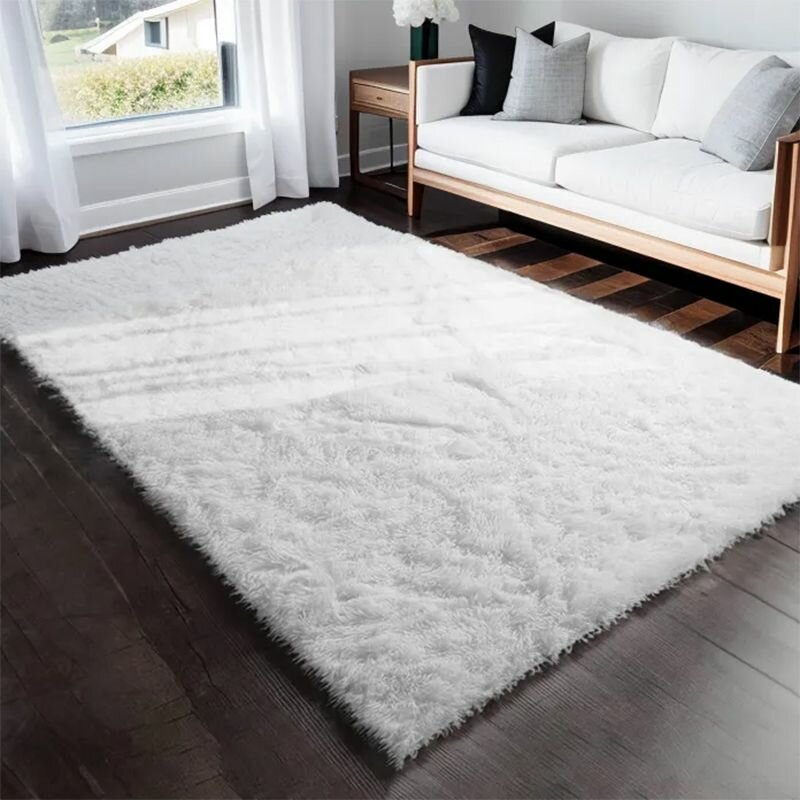 Меховой ковер с длинными ворсами на полу 200x250см серый ковёр комнатный белый плюшевый прикроватный пушистый спальня гостиная коридор детская комната
