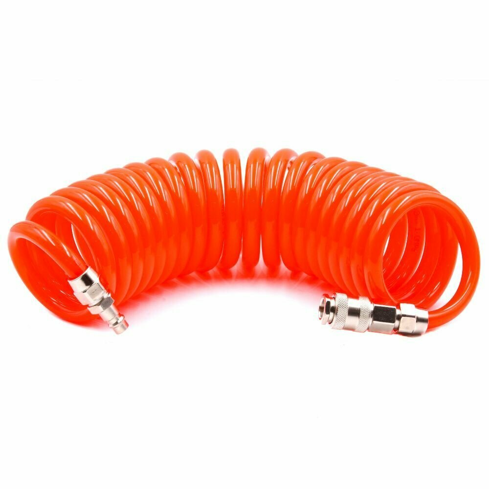 Шланг HQ-AH05-1012RED пневматический полиуретановый спиральный, витой, 10м, 8х12 мм, быстросъем рапид для компрессора и пневмоинструмента, 16 атм.