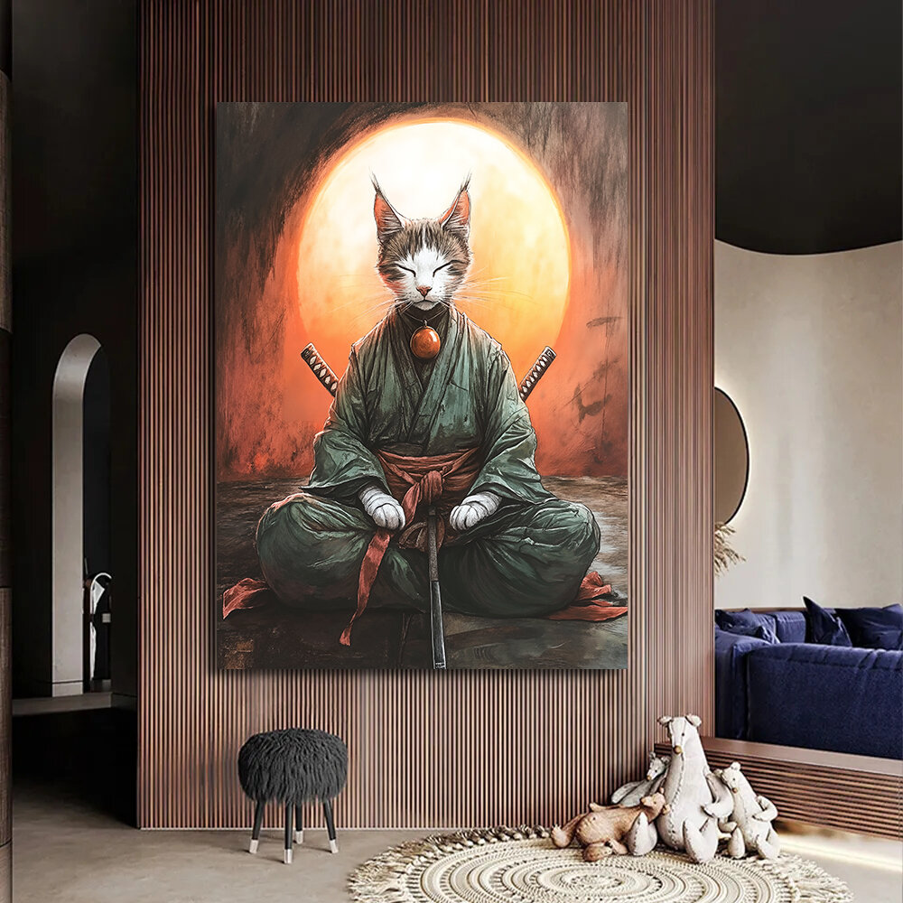 КОТ самурай / Дзен, картина на стену / настенный декор с котиками в японском стиле, 30х40 см.