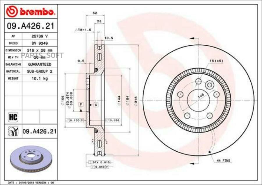 BREMBO 09. A426.21 Диск тормозной передн. с УФ покрытием VOLVO S60 II (134) 04/10-12/18 / VOLVO S80 II (124) 03/06-12/1 ()