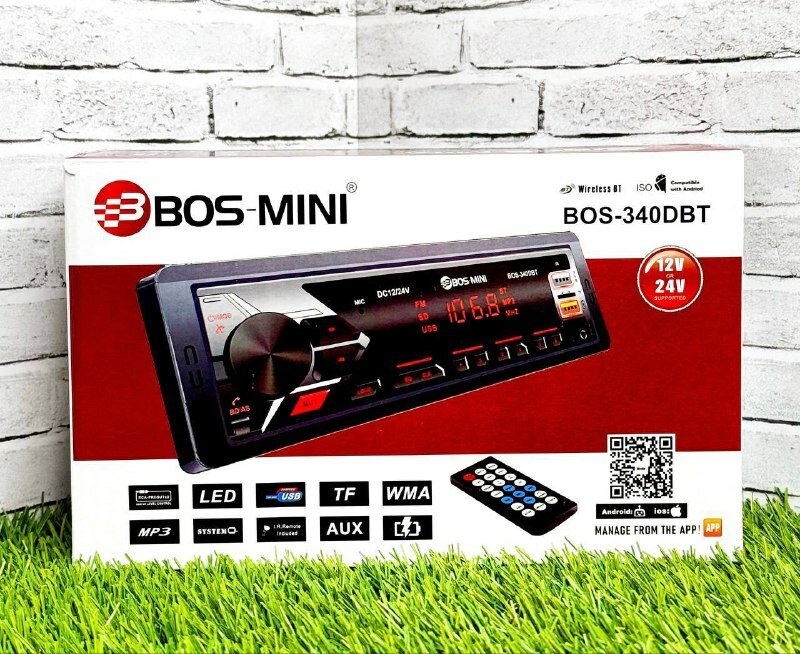 Автомагнитола BOS_MINI 340DBT поддержка 12V и 24V, 1 DIN с Bluetooth, AUX, USB, TF