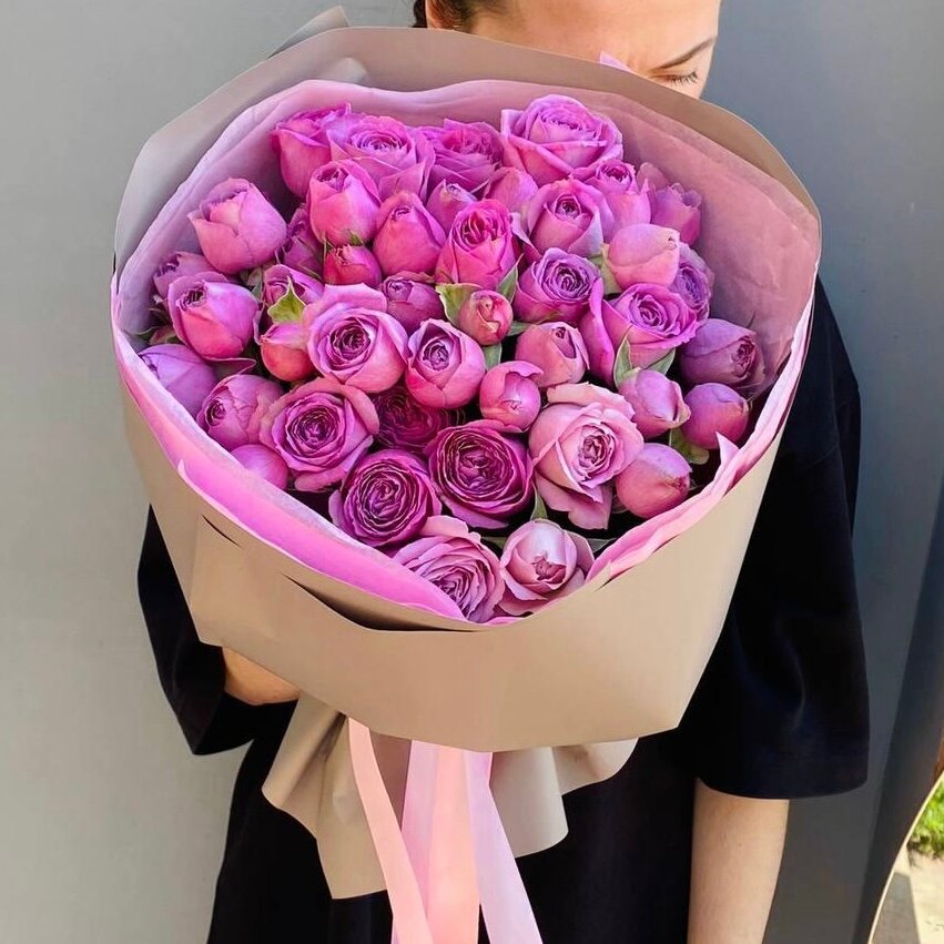 Букет из розовых кустовых роз 25 шт, красивый букет цветов, шикарный, премиум цветы, премиум букет