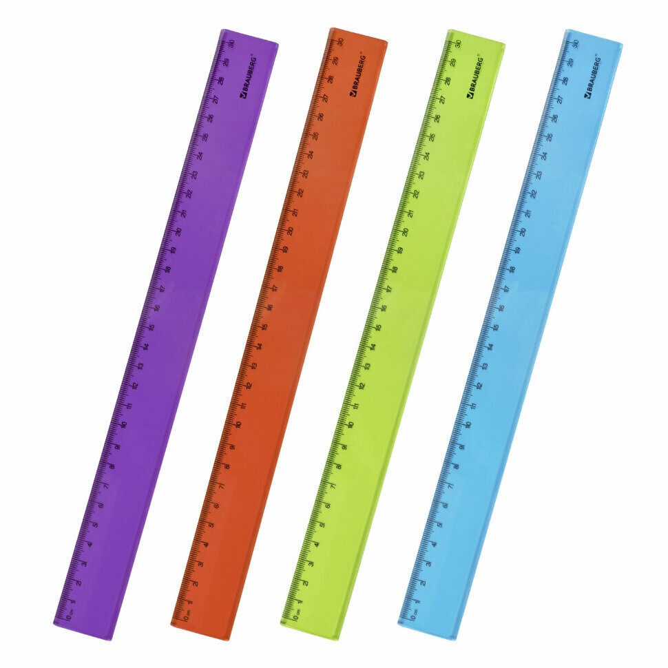 Линейка пластиковая 30 см BRAUBERG "FRUITY", тонированная, ассорти, 210767, 210767