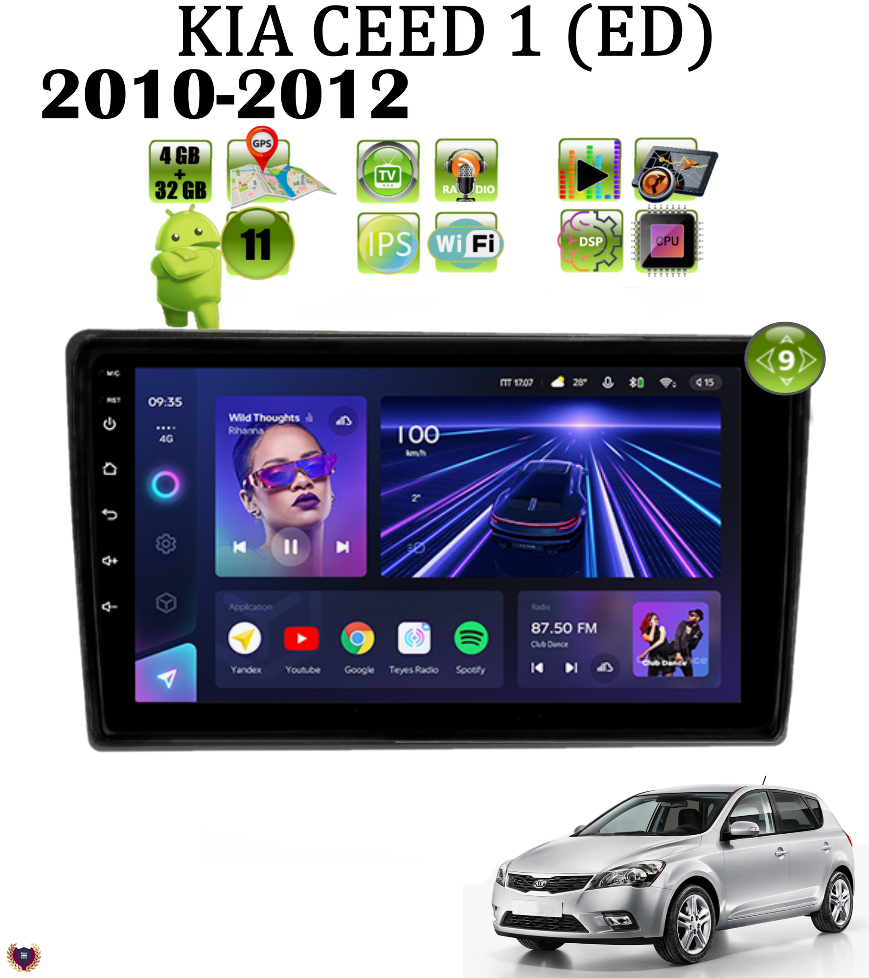 Автомагнитола для Kia Ceed 1 (ED) рестайлинг (2010-2012), Android 11, 4/32 GB, Bluetooth, WiFi, CarPlay, GPS, разделение экрана, сенсорные кнопки, поддержка кнопок на руле