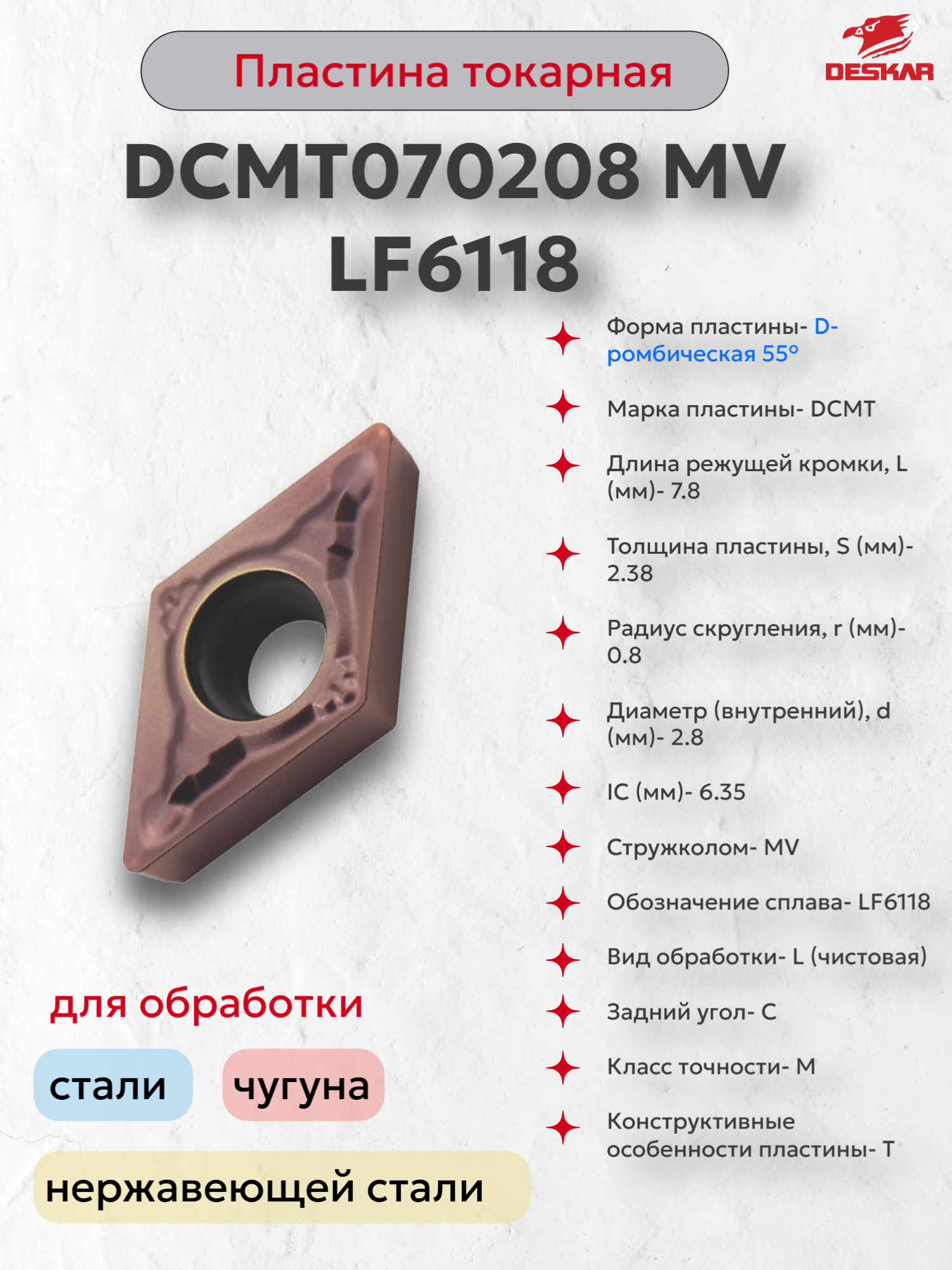 DCMT070208 MV LF6118 пластина токарная (10 шт в упаковке) DESKAR D0000058
