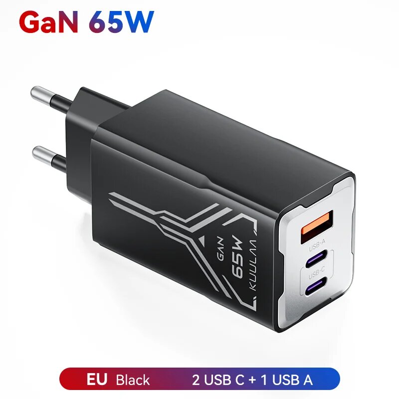 KUULAA 65 Вт GaN Зарядное устройство типа C Quick Charge 4.0 3.0 PD USB Зарядное устройство для iPhone16 15 14 Pro Max Быстрое зарядное устройство для ноутбука PD Зарядное устройство EU Black