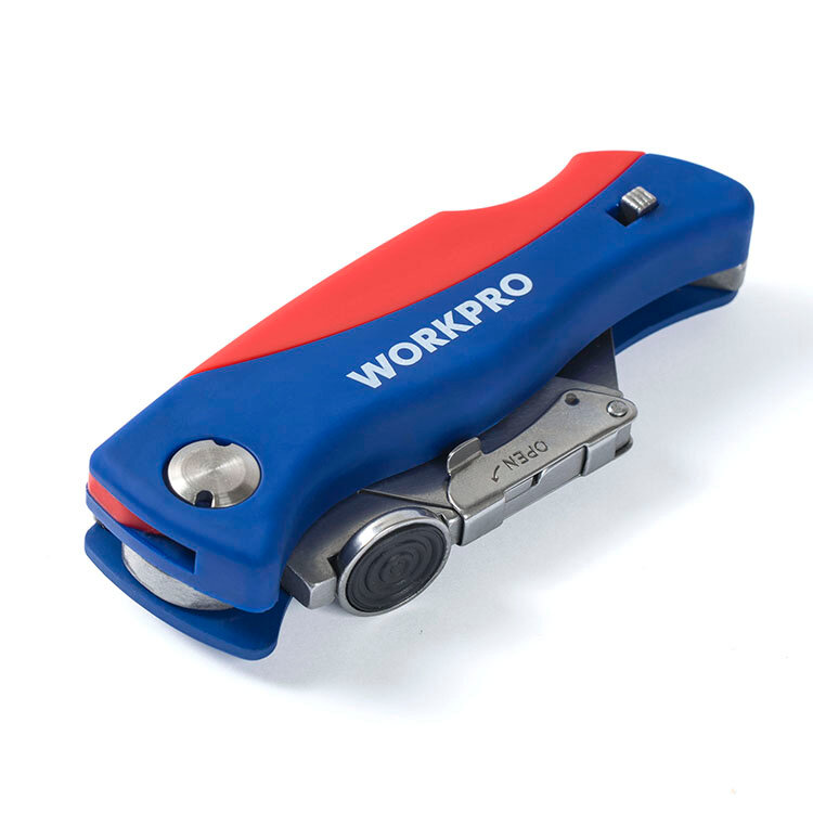 Складной строительный нож WORKPRO с быстросменными трапецевидными лезвиями