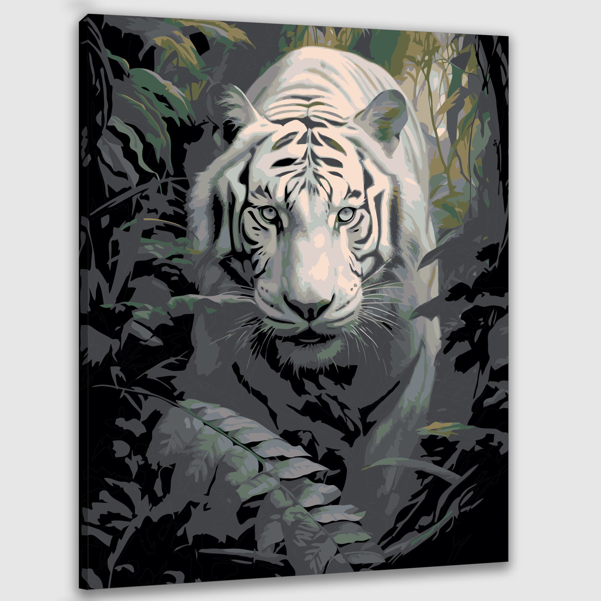 Картина по номерам 40x50 см, фотография, белый бенгальский тигр, листва, естественная среда, голубые глаза