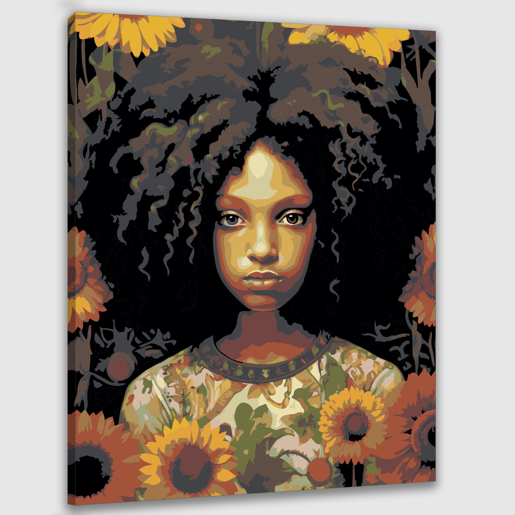 Картина по номерам 40x50 см, картина, масло, девушка, цветы, волосы, лицо, таинственность, самоанализ, поле, подсолнухи