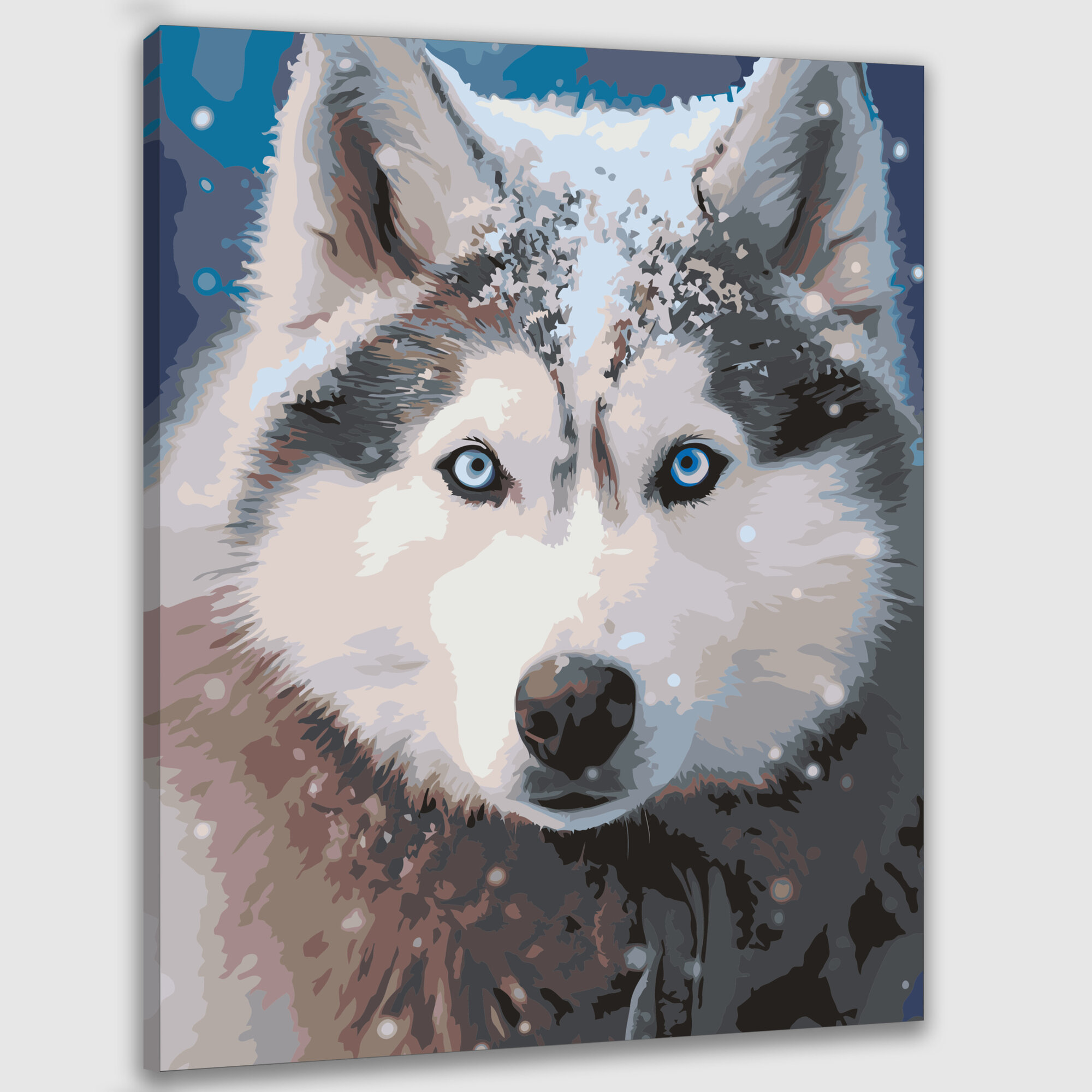 Картина по номерам 40x50 см, хаски, заиндевелая шерсть, холодный взгляд, мельчайшие детали, заснеженный фон