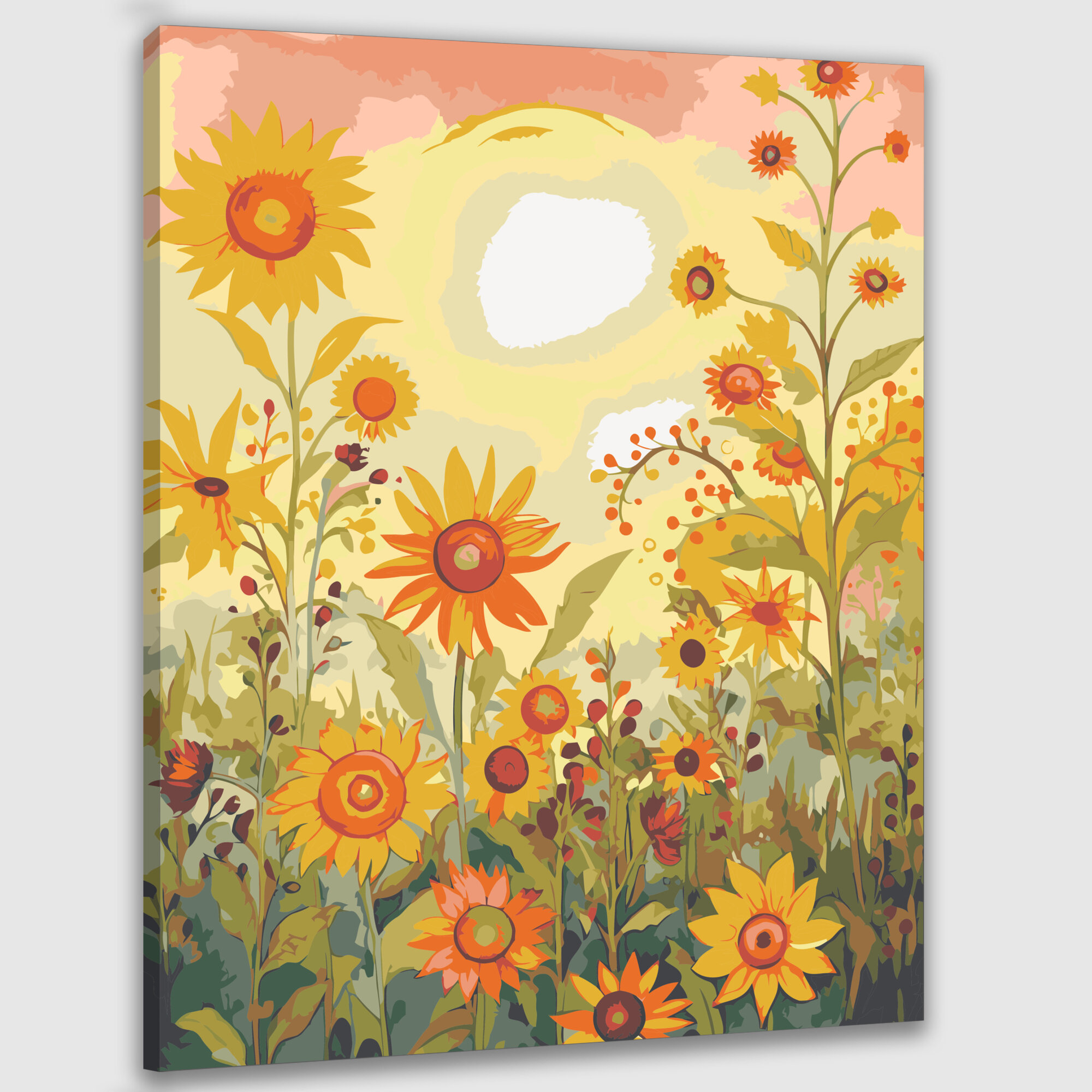 Картина по номерам 40x50 см, акварельная картина, солнце, желтые оттенки, оранжевые оттенки, сияние, тепло, луг