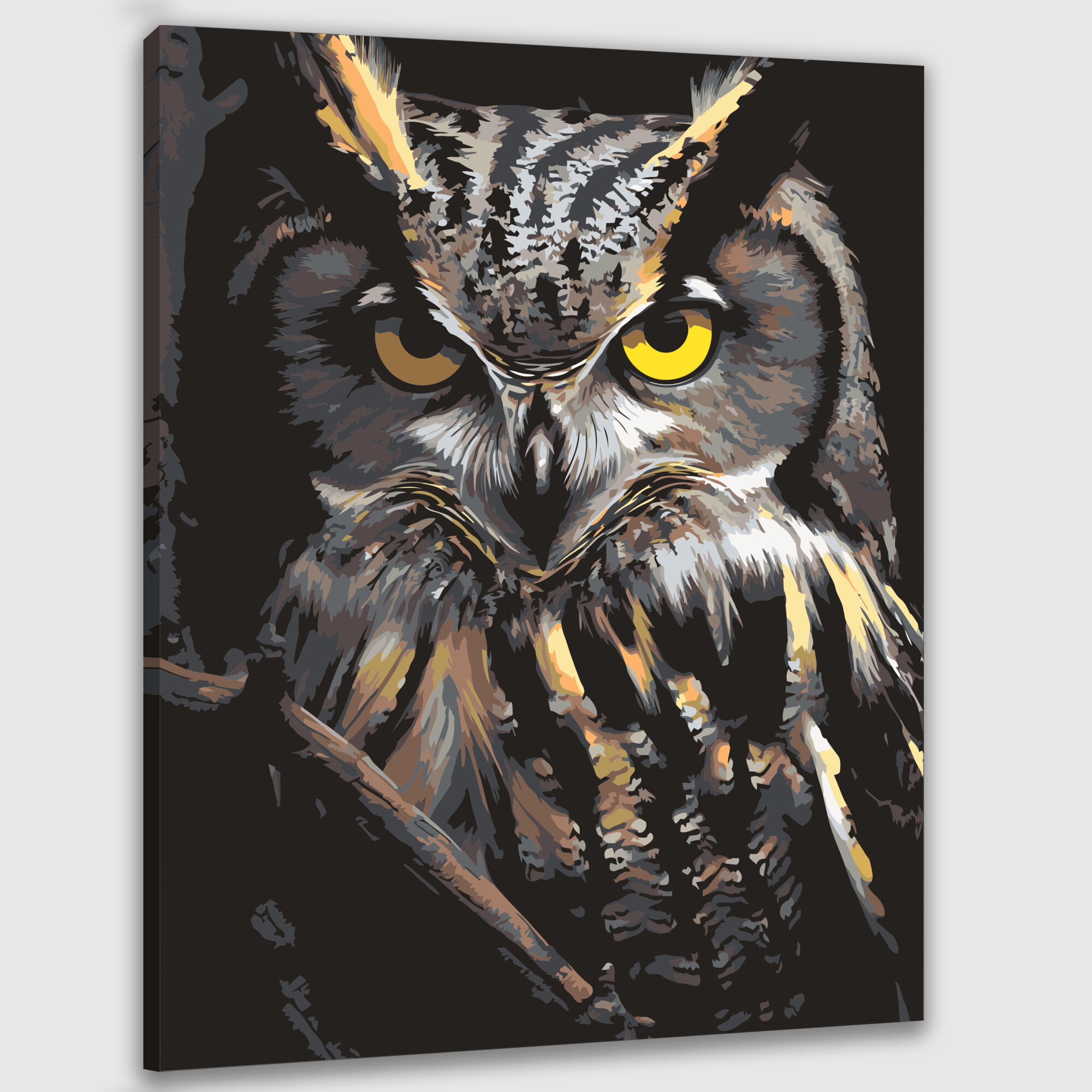 Картина по номерам 40x50 см, сова, дикая природа, взгляд, когти, ветка, желтые глаза, сосредоточенность, перья, ветерок