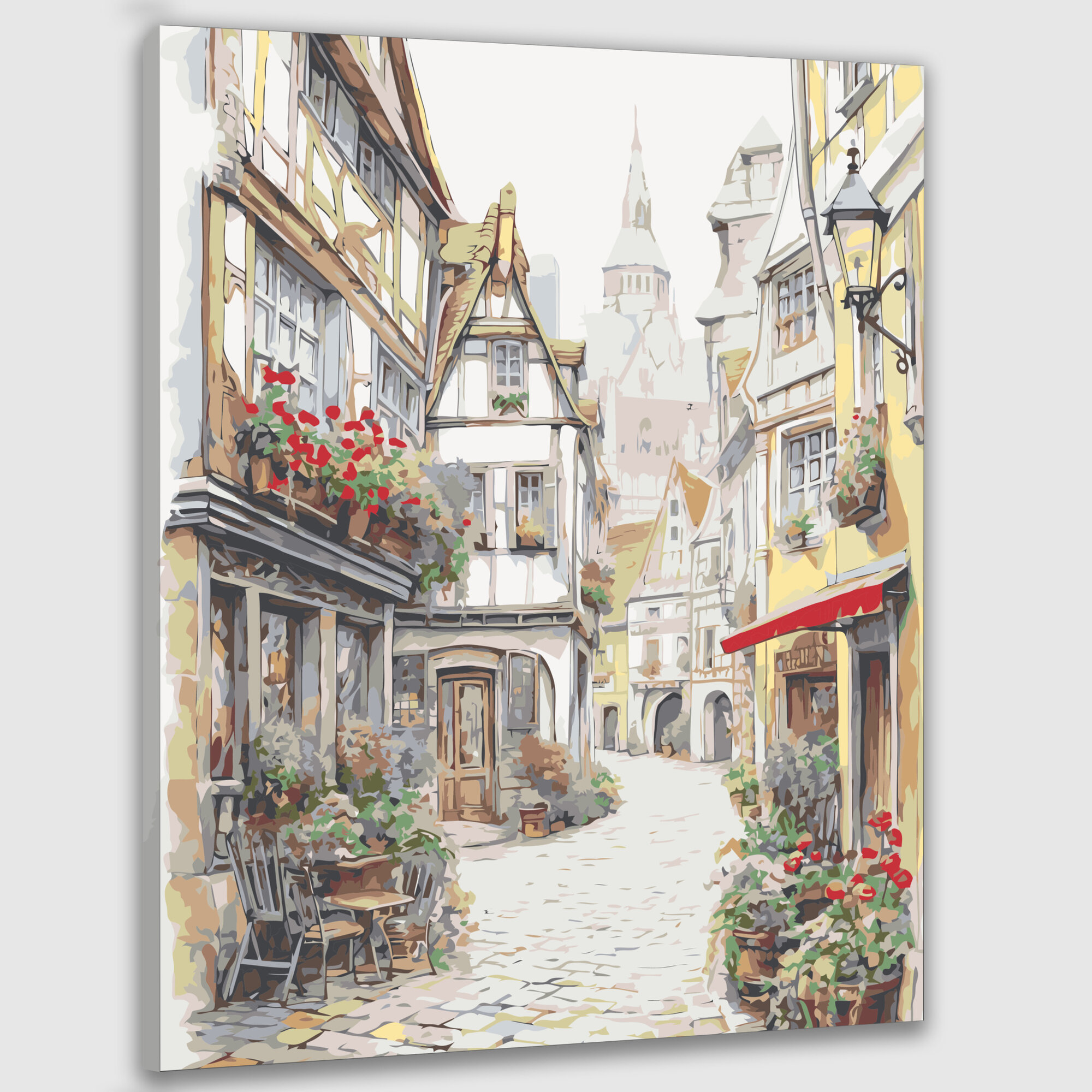 Картина по номерам 40x50 см, карандашный набросок, городской квартал, узкие улочки, кафе, дома, цветочные ящики