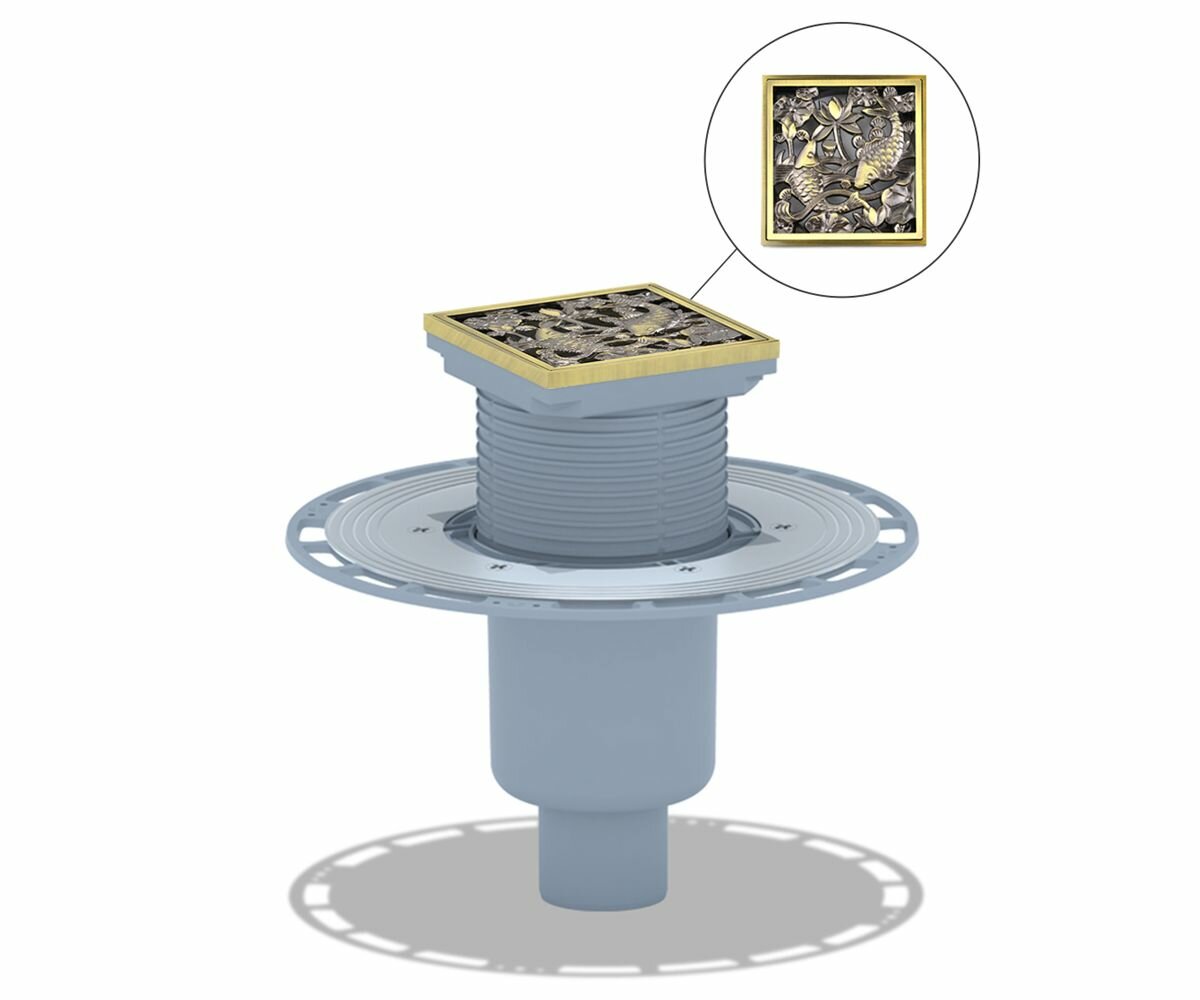 21980-5902 Трап для душа вертикальный регулируемый, магнитный сухой затвор, дизайн-решетка Рыбы, бронза (шт)