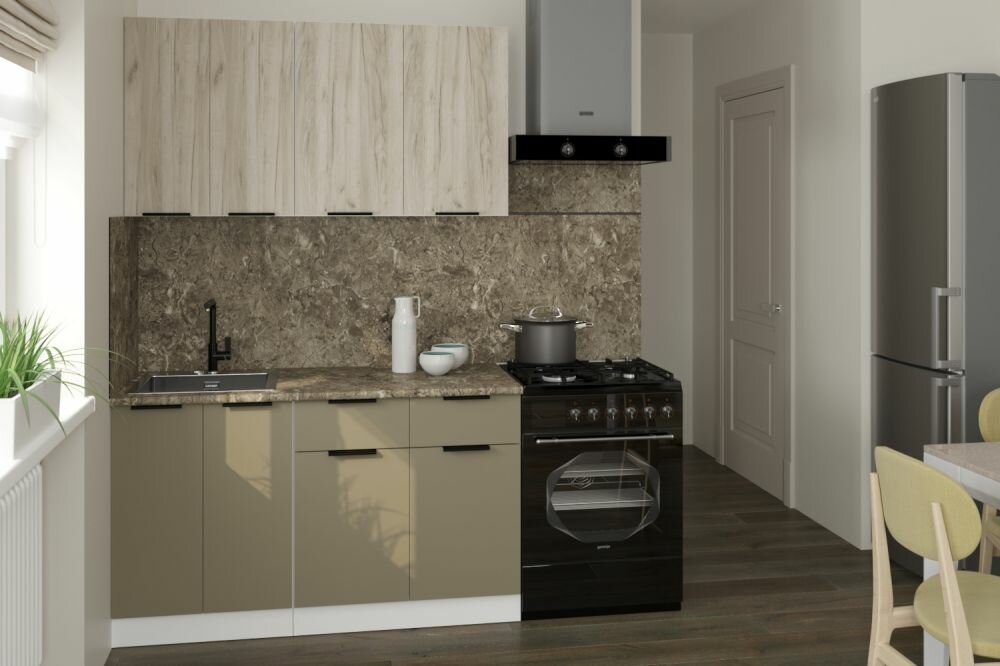 GER Кухонный гарнитур Альба медиум, Цвет Дуб Браун/Мокко, ширина 140 см, с навесными шкафами, с выдвижными ящиками, с тумбой под мойку