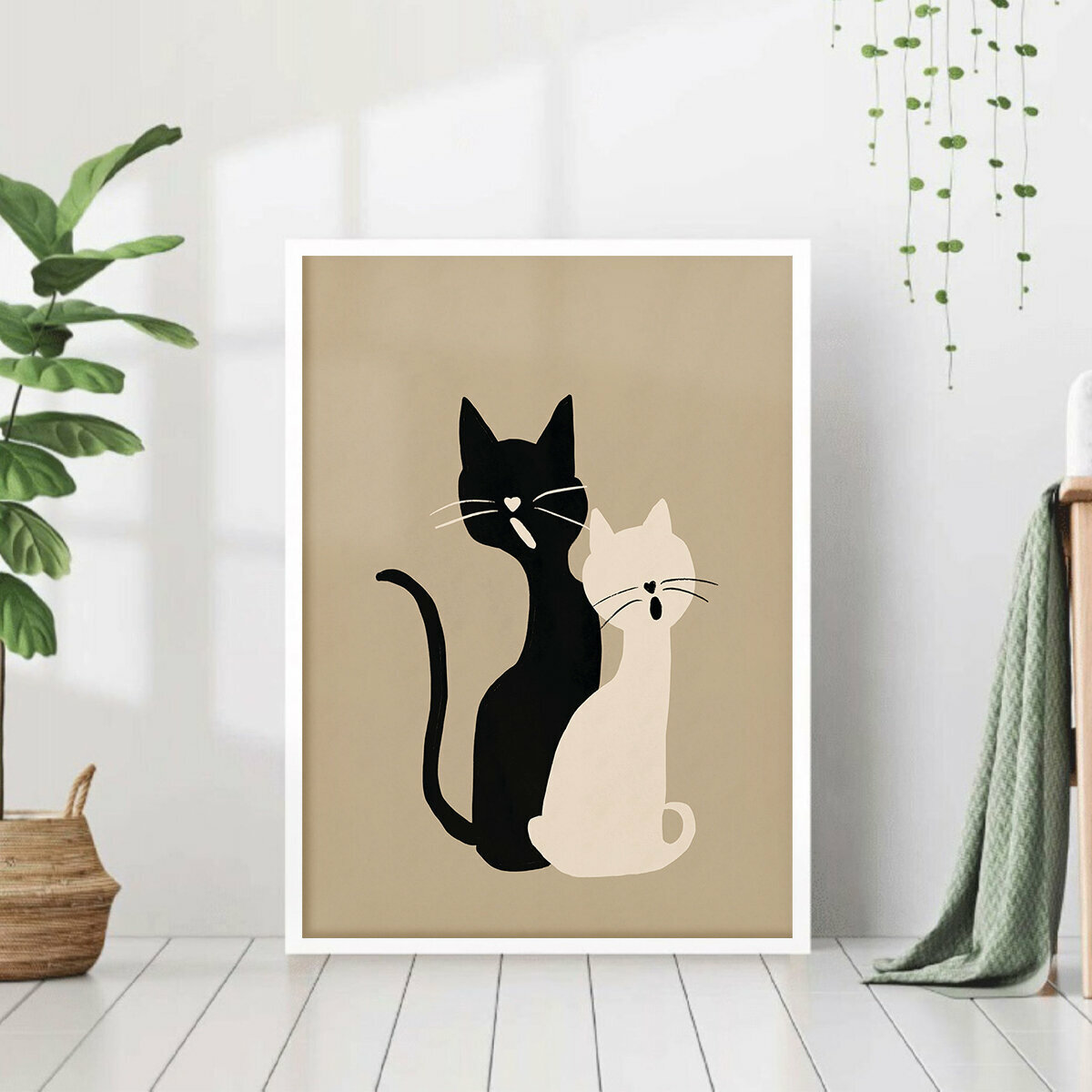 Постер "Кот и кошка" 50x70 в белой рамке на стену для интерьера