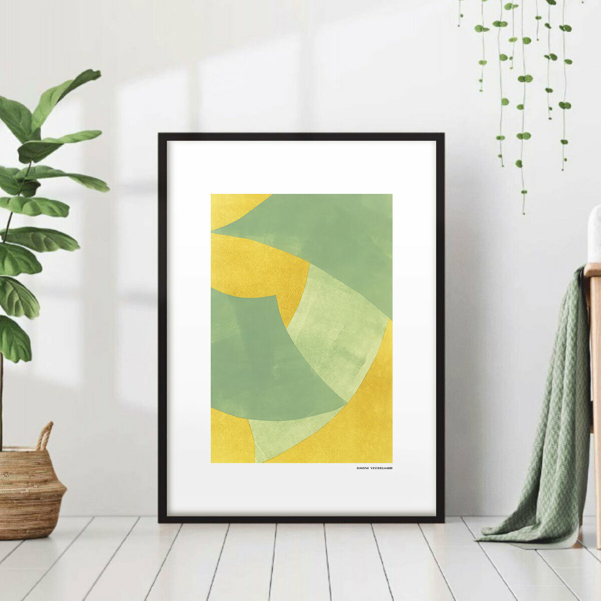 Постер "Желто-зеленая абстракция" 40x50 в черной рамке на стену для интерьера