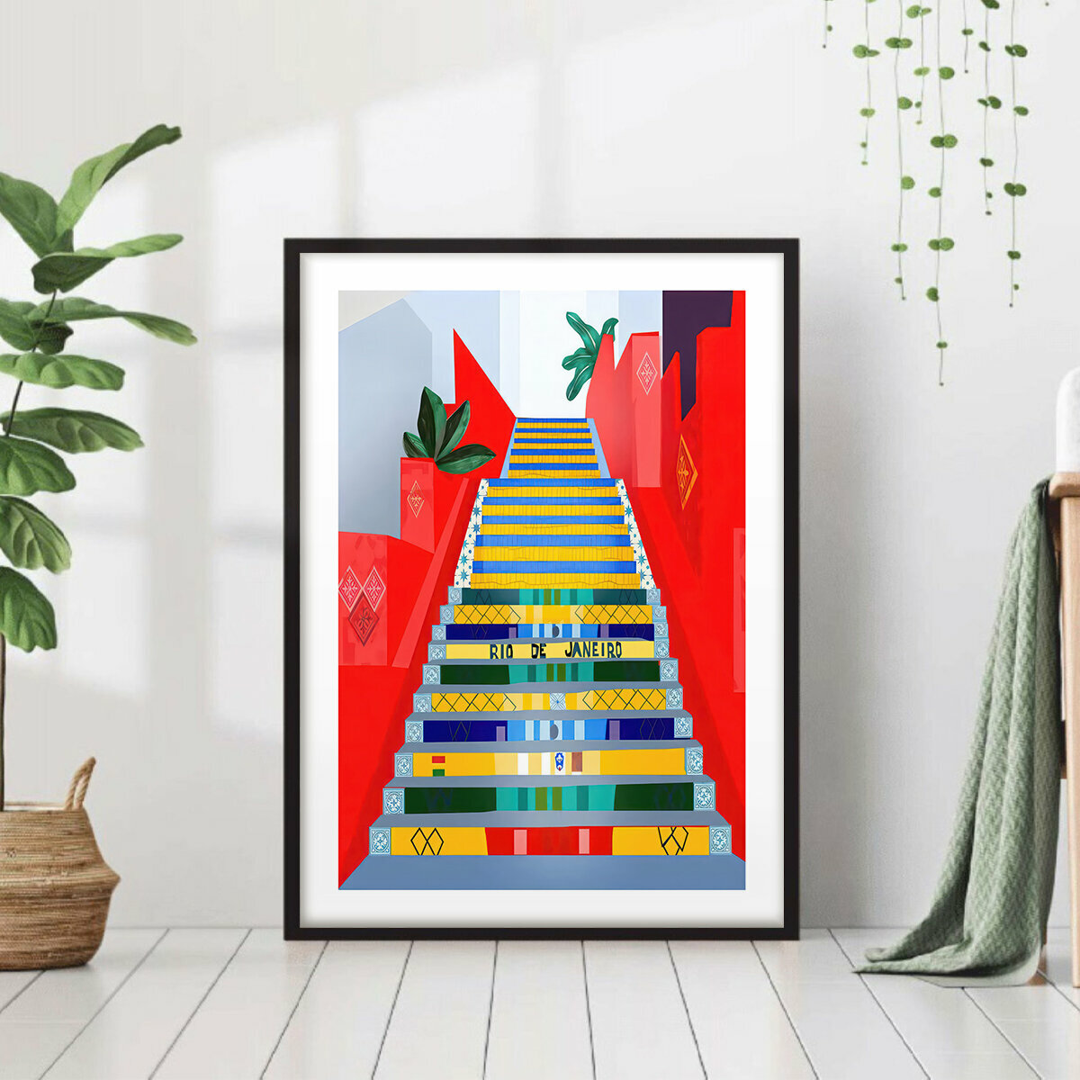 Постер "Лестница в Бразилии, Селарона" в черной рамке 40x50 см для интерьера на стену
