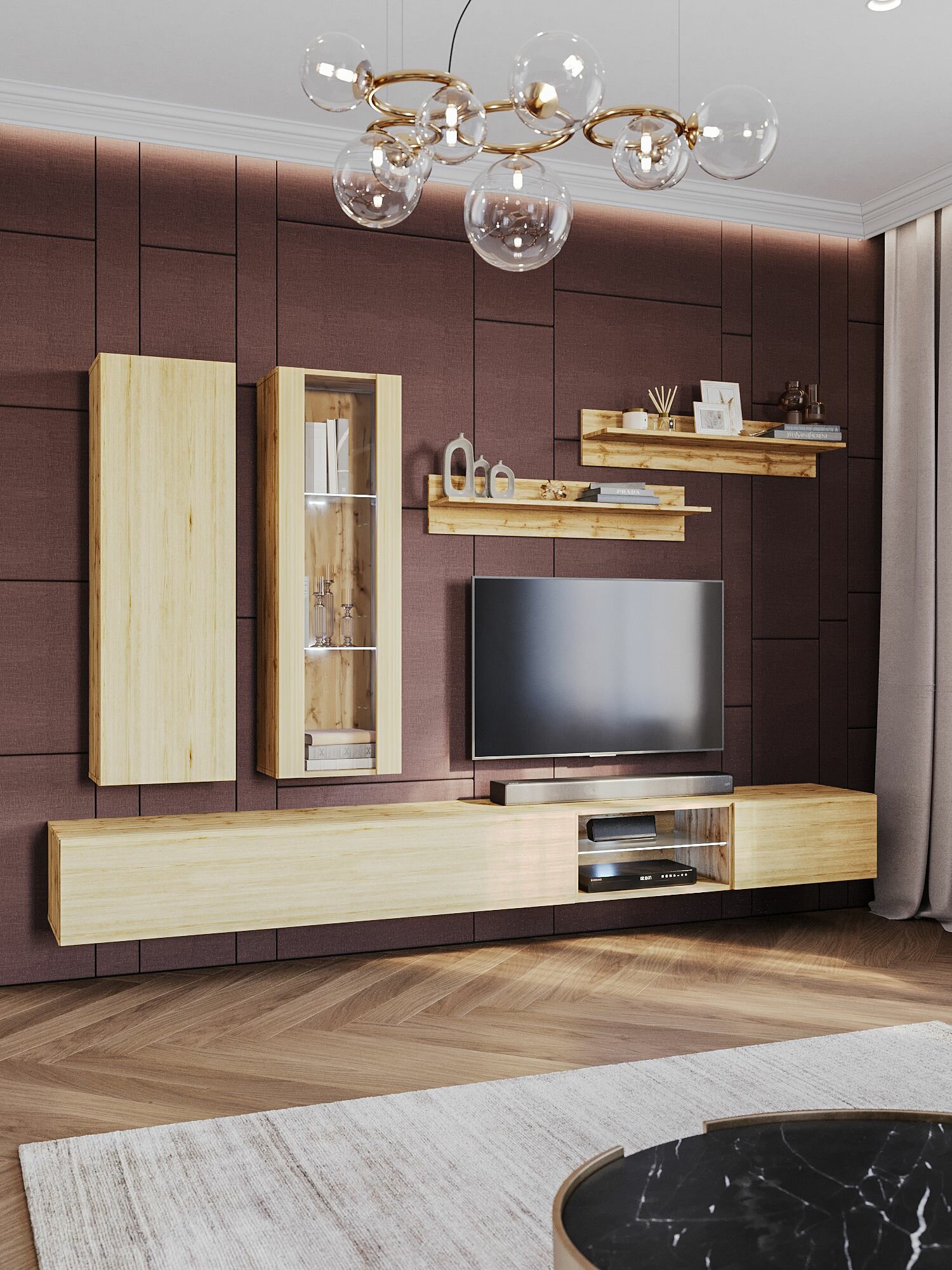 Стенка в гостиную, стенка для гостиной Point-К23, тв тумба подвесная , Дуб вотан, 280х156х40 см. (ШхВхГ)