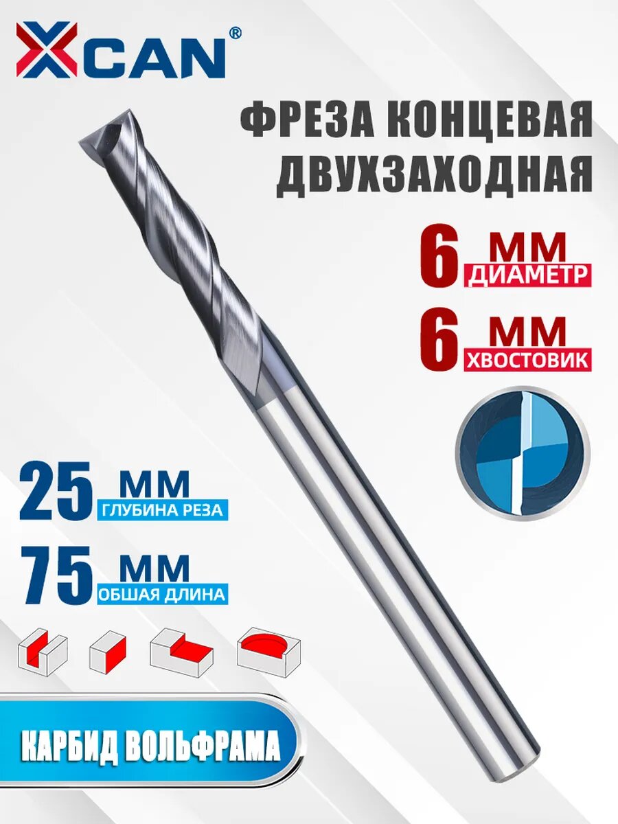 Фреза по металлу концевая 6 мм твердосплавная 6x6x25x75мм