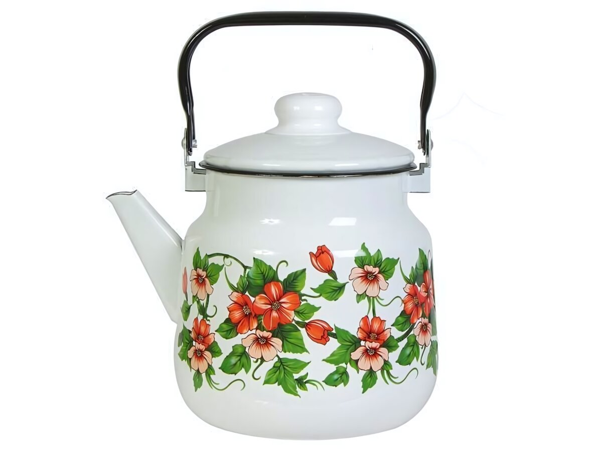 Чайник 3,5л с цветочной росписью, эмалированное покрытие, без свистка