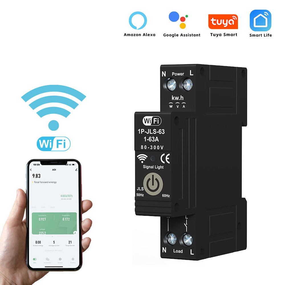 Интеллектуальный автоматический выключатель Tuya Wi-Fi, 1P, 63A, DIN-рейка, двунаправленный учет, поддержка счетчика энергии, 3 режима синхронизации, несколько защитных приложений, дистанционное управ