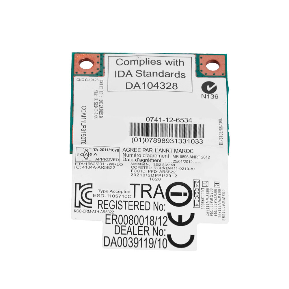 Карта беспроводной сети Dual Band 2.4G/5Ghz AR5B22 Mini PCI-E 300Mbps Bluetooth 4.0, поддержка 802.11a/b/g/n, интерфейс mini PCI-E, пол절ая высота, материал PCB и металл, вес 5g