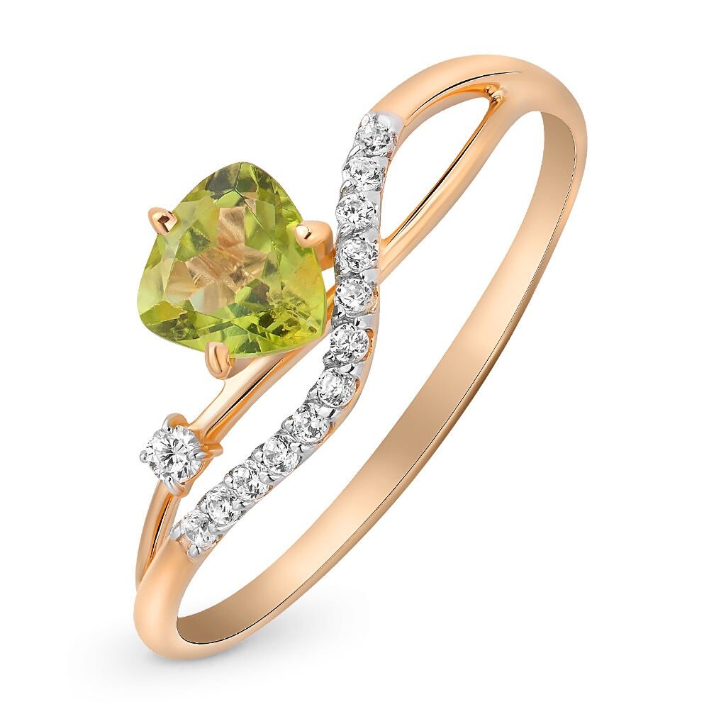 Кольцо, красное золото, 375 проба, родирование, фианит, хризолит