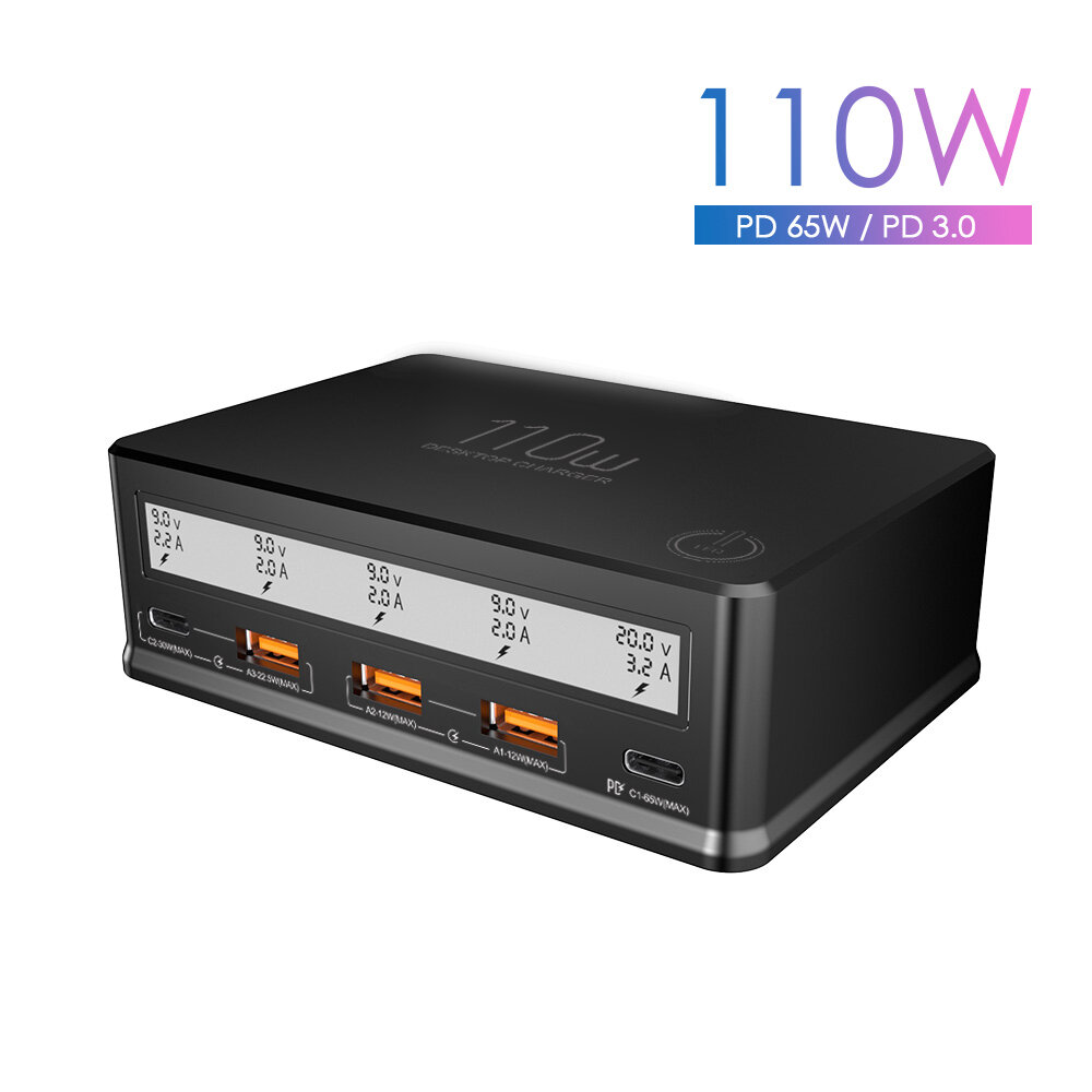 Настенное зарядное устройство USB Мощностью 110 Вт, 5-Портовая Зарядная станция USB, Многопортовое Зарядное устройство USB-концентратора, Компактный ЖК-дисплей, Совместимый со смартфоном, планшетом и несколькими устройствами