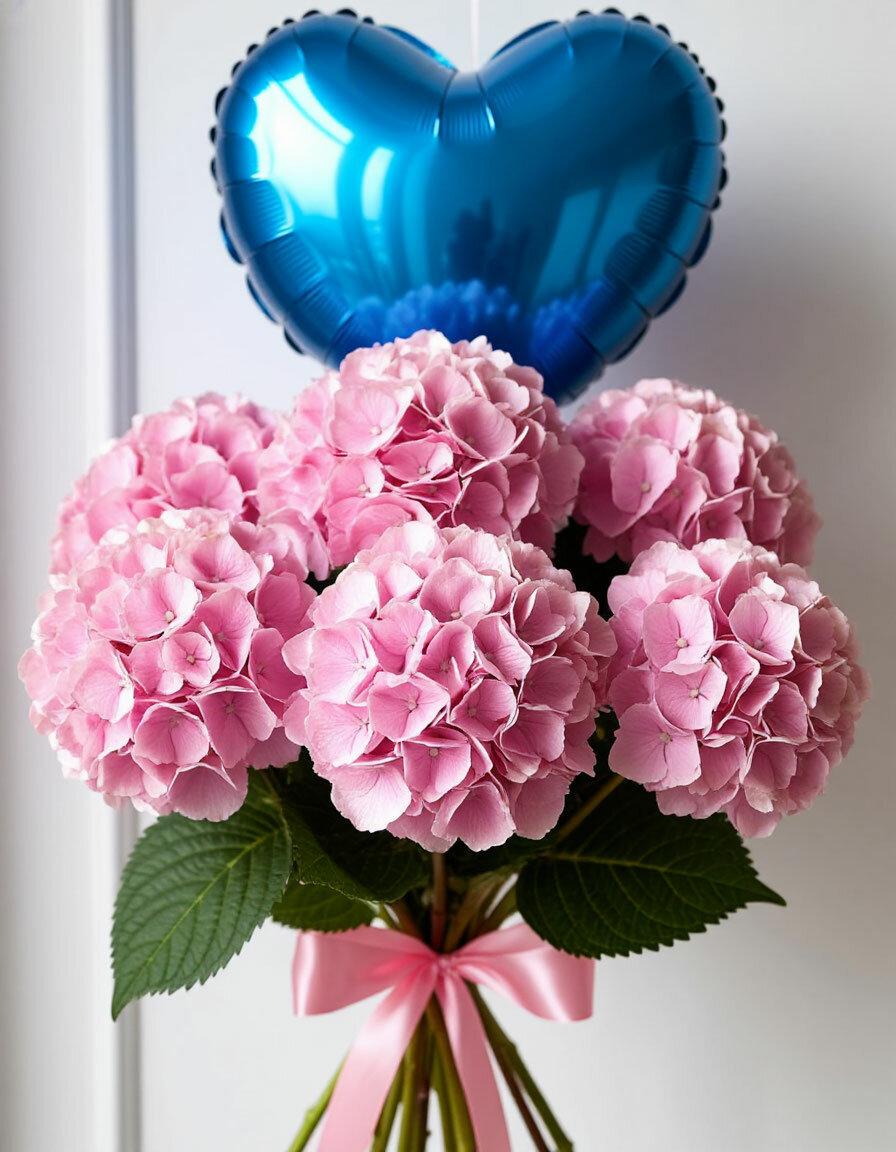 Букет из 7 розовых гортензий с воздушным шаром "Сердце" от АзалияНау