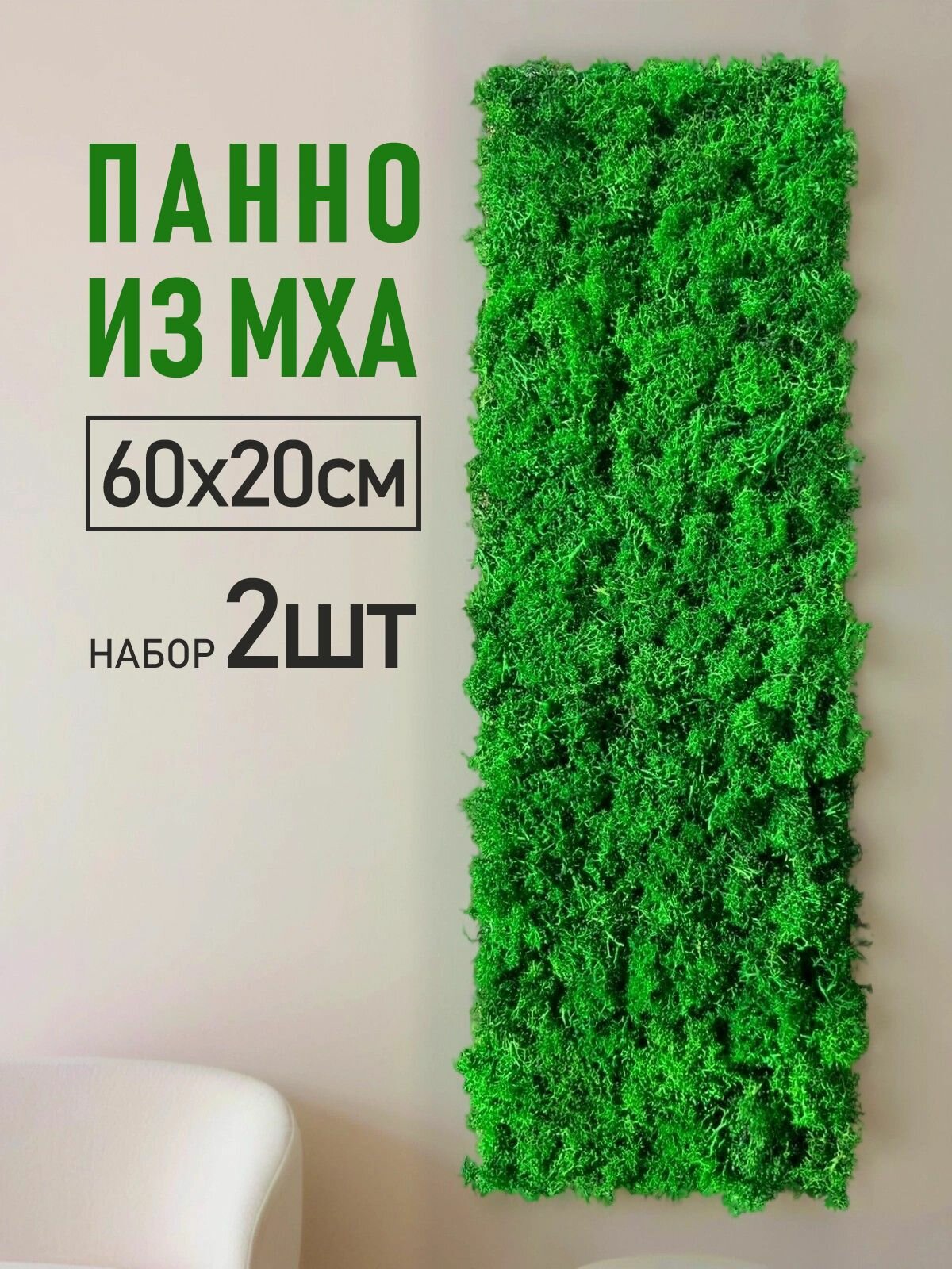 Панно из стабилизированного мха Ягель, настенное Панно 2 ШТ размер 60*20 см, для озеленения интерьера.