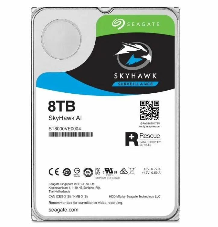 3.5" 8 ТБ Жесткий диск Seagate SkyHawkAI ST8000VE0004 (ST8000VE0004) - SATA3 6.0 Гбит/с, 7200 об/мин, кэш памяти - 256 МБ