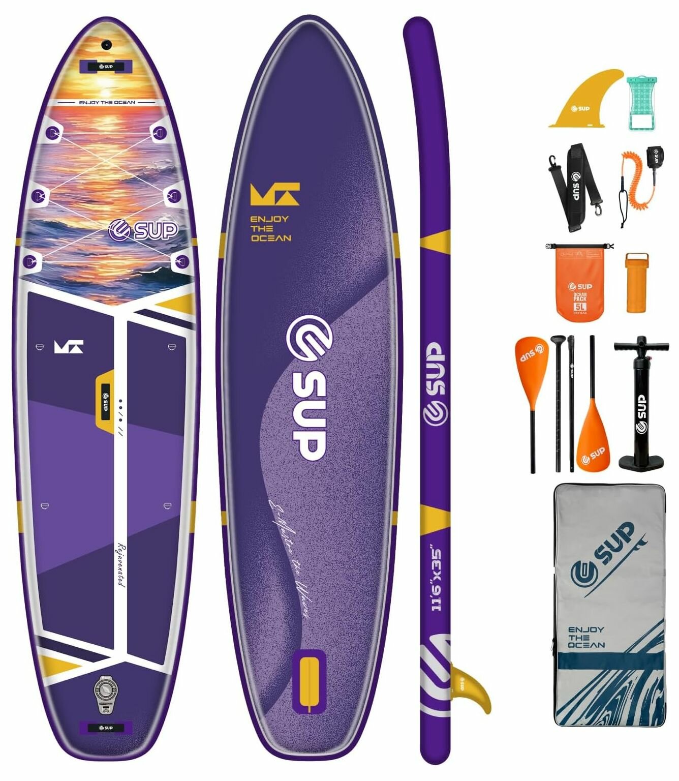 SUP-доска E-SUP Ultra Violet 11'6" (351х89х15 см) / стильный надувной сапборд с каячным веслом для прогулок и активного отдыха
