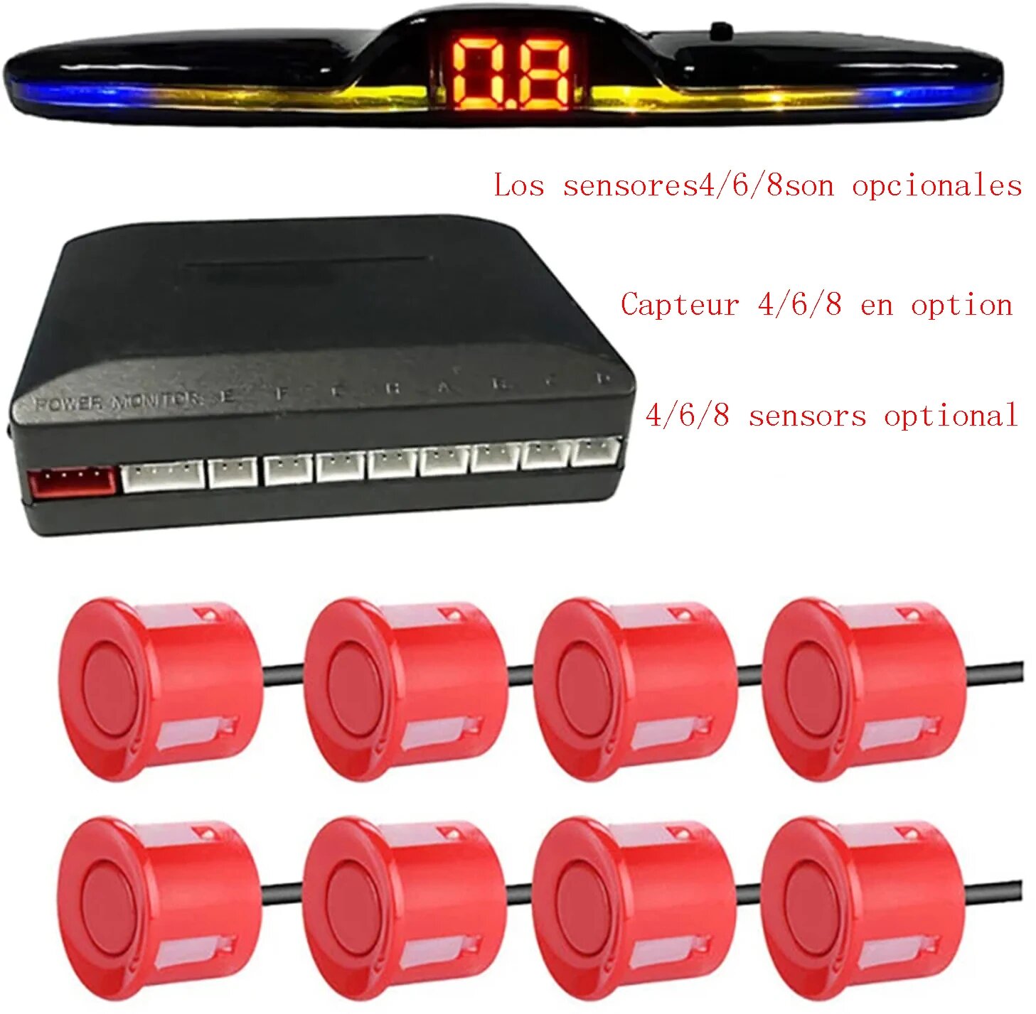 Комплект нескольких радарных датчиков парковки, подсветка, парк, Tronic, светодиодный дисплей, резервный монитор, детектор, помощник, радарный датчик 4/6/8, 8 sensors, Red