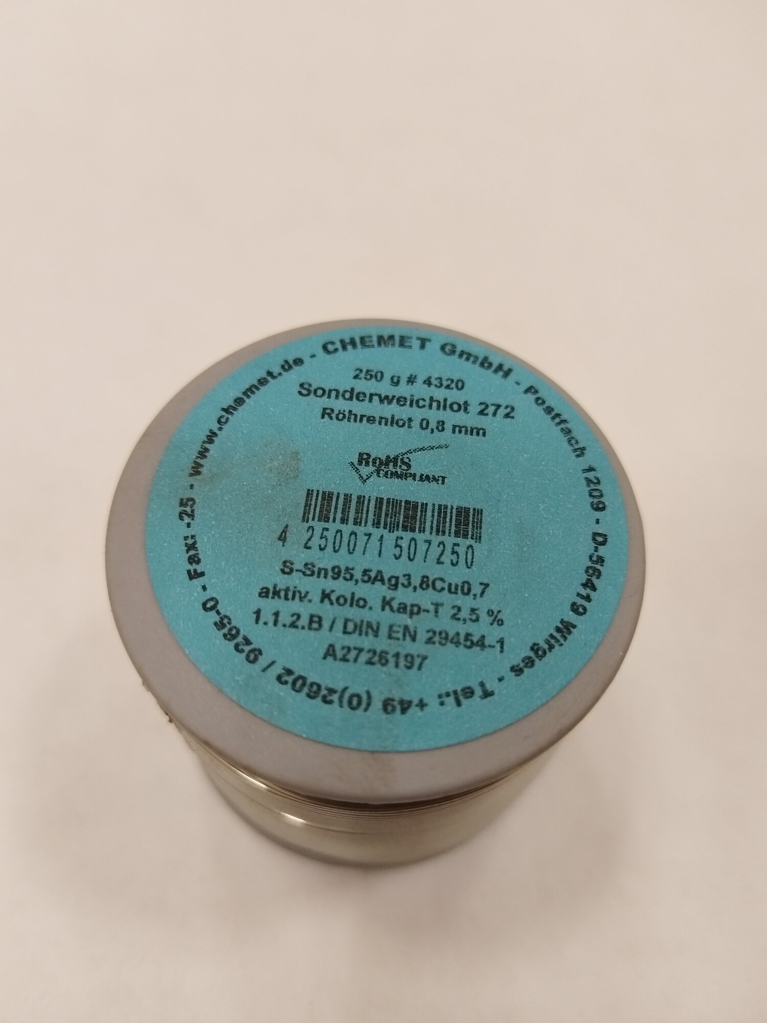 Припой Chemet мягкий 272, с флюсом Kap-T, диаметр 0,8мм, на катушках по 250г, S-Sn95,5Ag3,8Cu0,7
